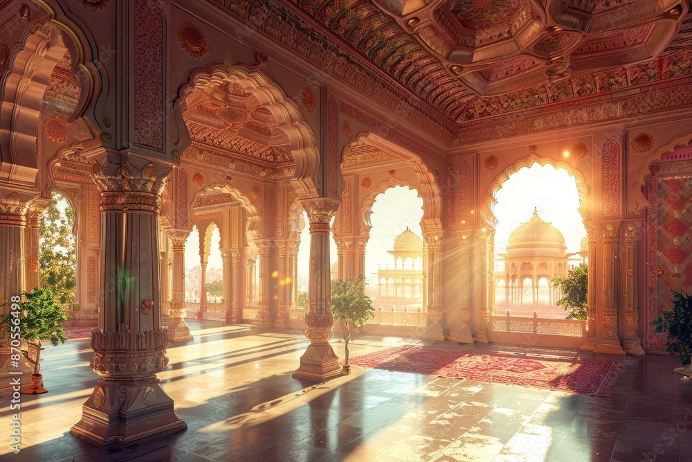 ภาพประกอบสต็อก Sunlight streams through the arches of a beautifully ...