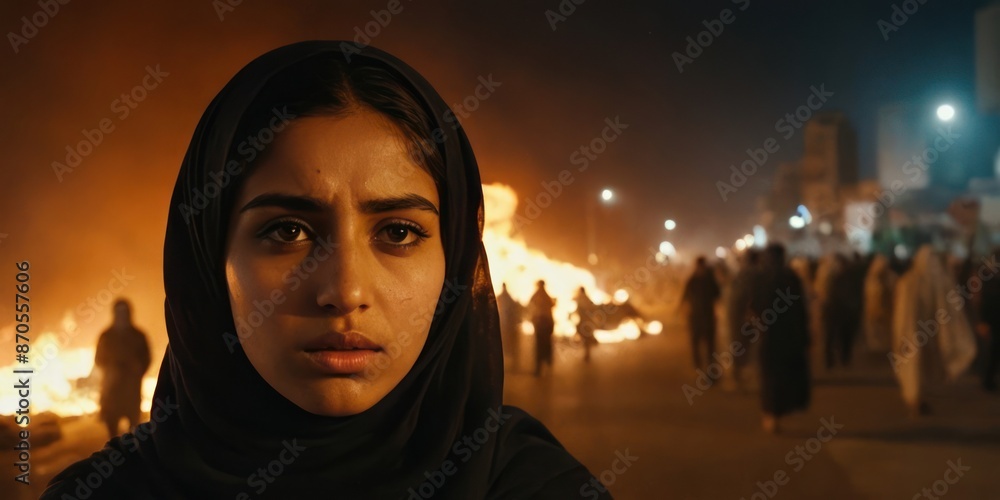 Arabian sad woman on chaotic street protest, scene is filled with ...