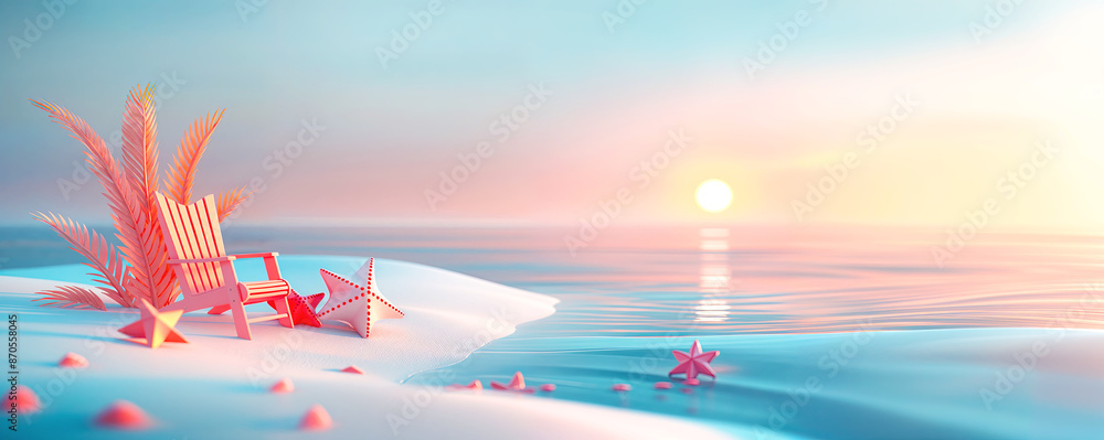 3D beach scene at sunset. Summer background with pink beach chair sits ...