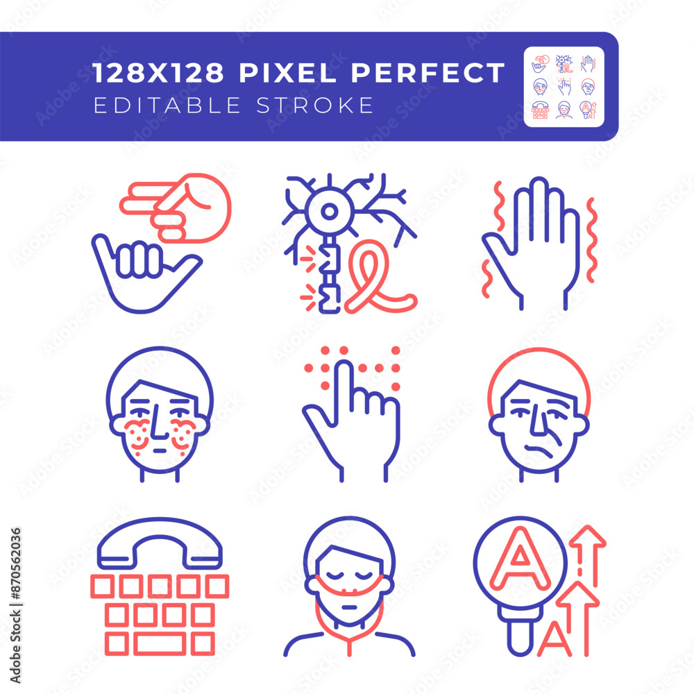 Neurology disease two color line icons set. Deaf nonverbal ...