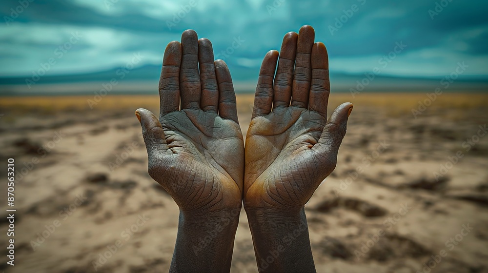 African hands reach skyward in prayer, with the vast desert landscape ...