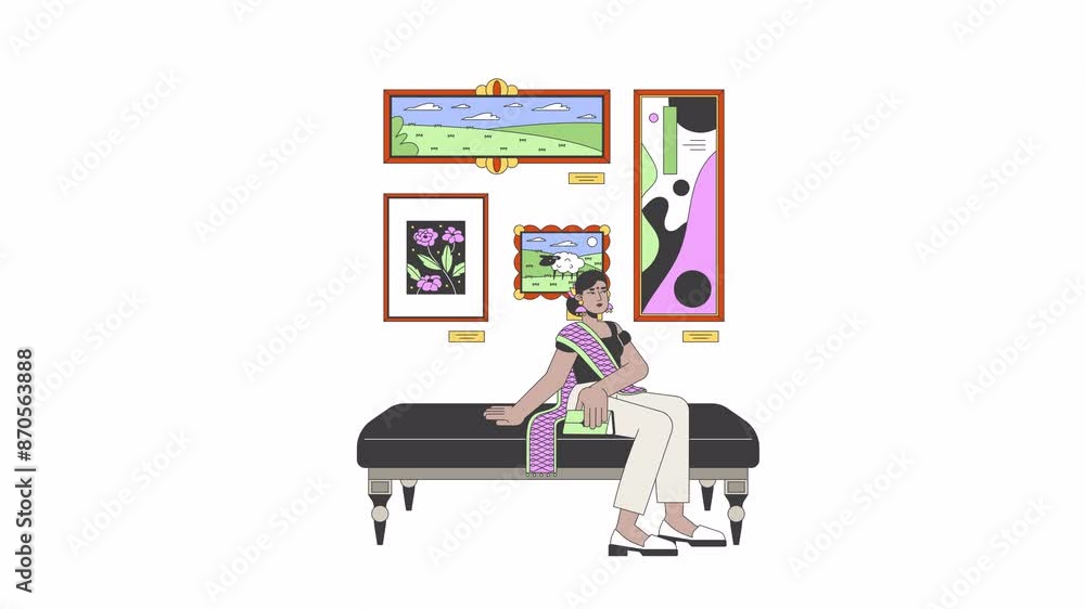 Hindu woman taking rest on gallery seating line 2D character animation ...