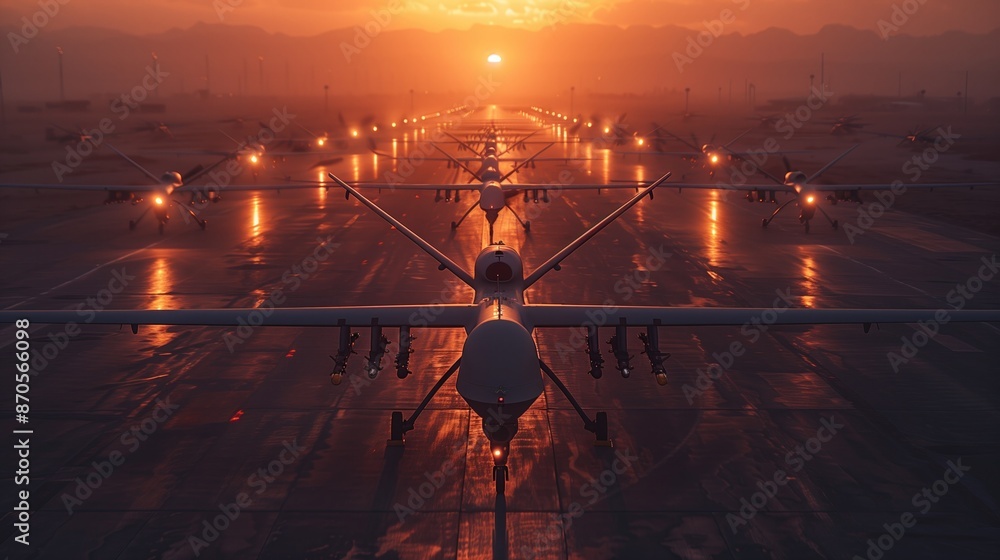 Multiple military drones fly in formation, demonstrating coordinated ...