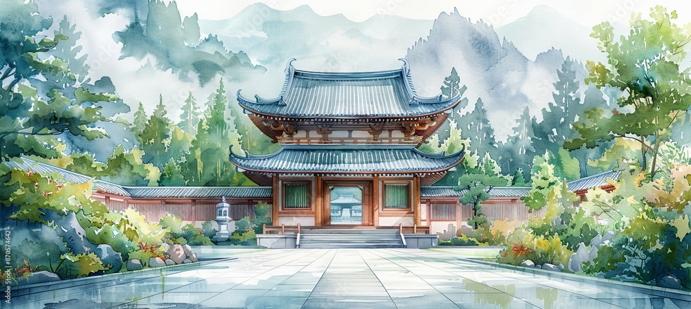 Royal Chinese palace entrance. Traditional oriental painting style ...