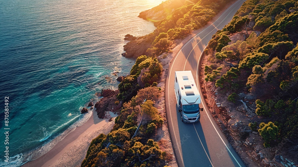 An aerial view of a white motorhome driving along a winding coastal ...