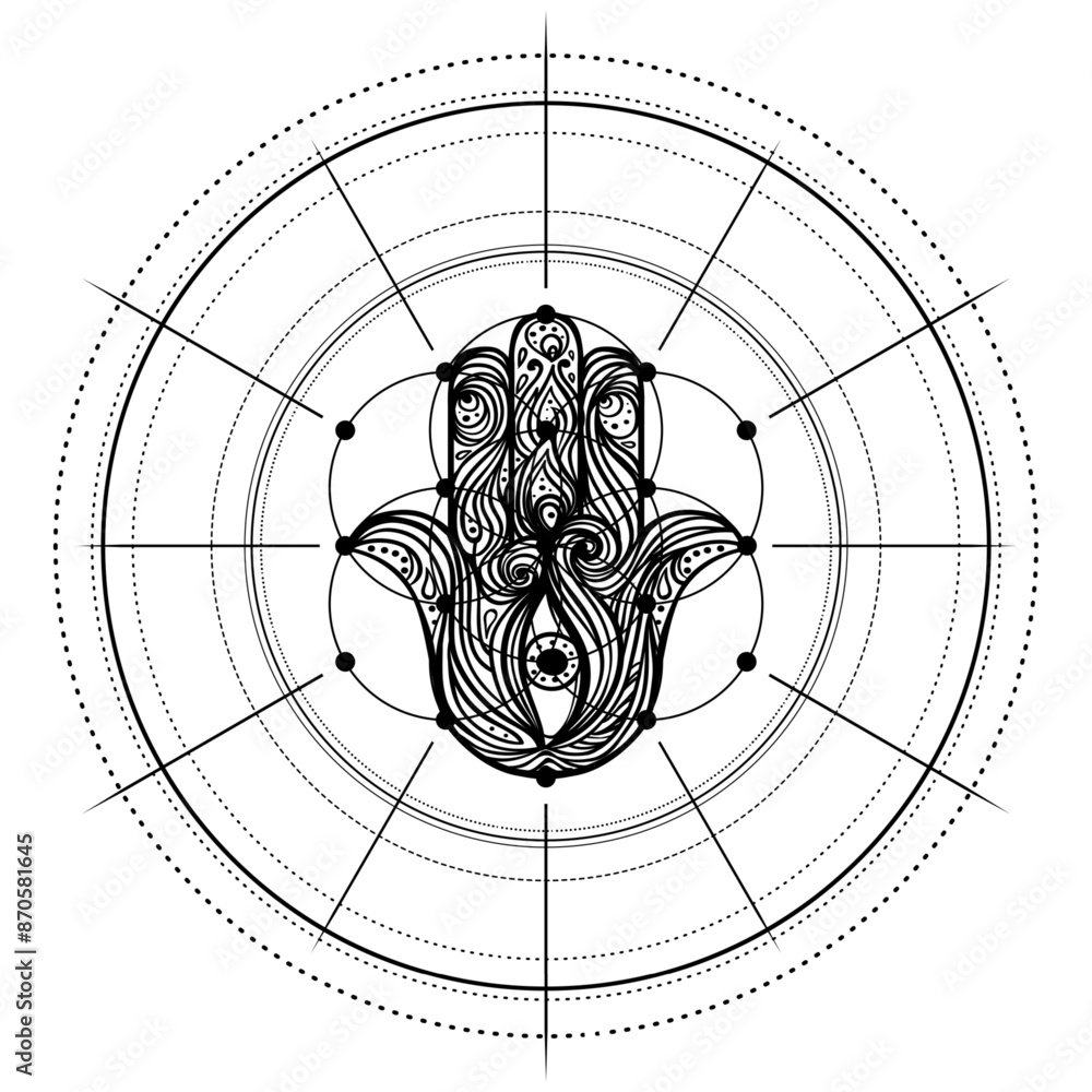 Hamasa tattoo design over Seed of Life sacred geometry symbol. Ancient ...