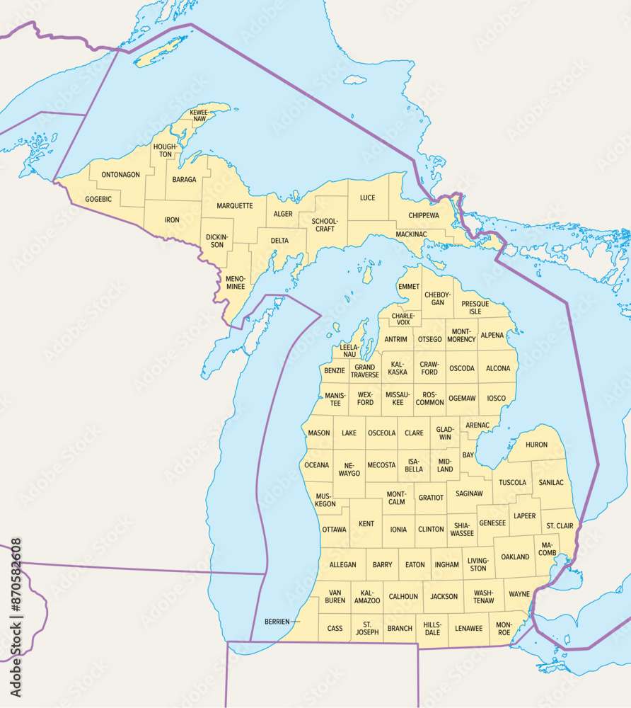 Michigan counties, political map. A state in the Great Lakes region of ...