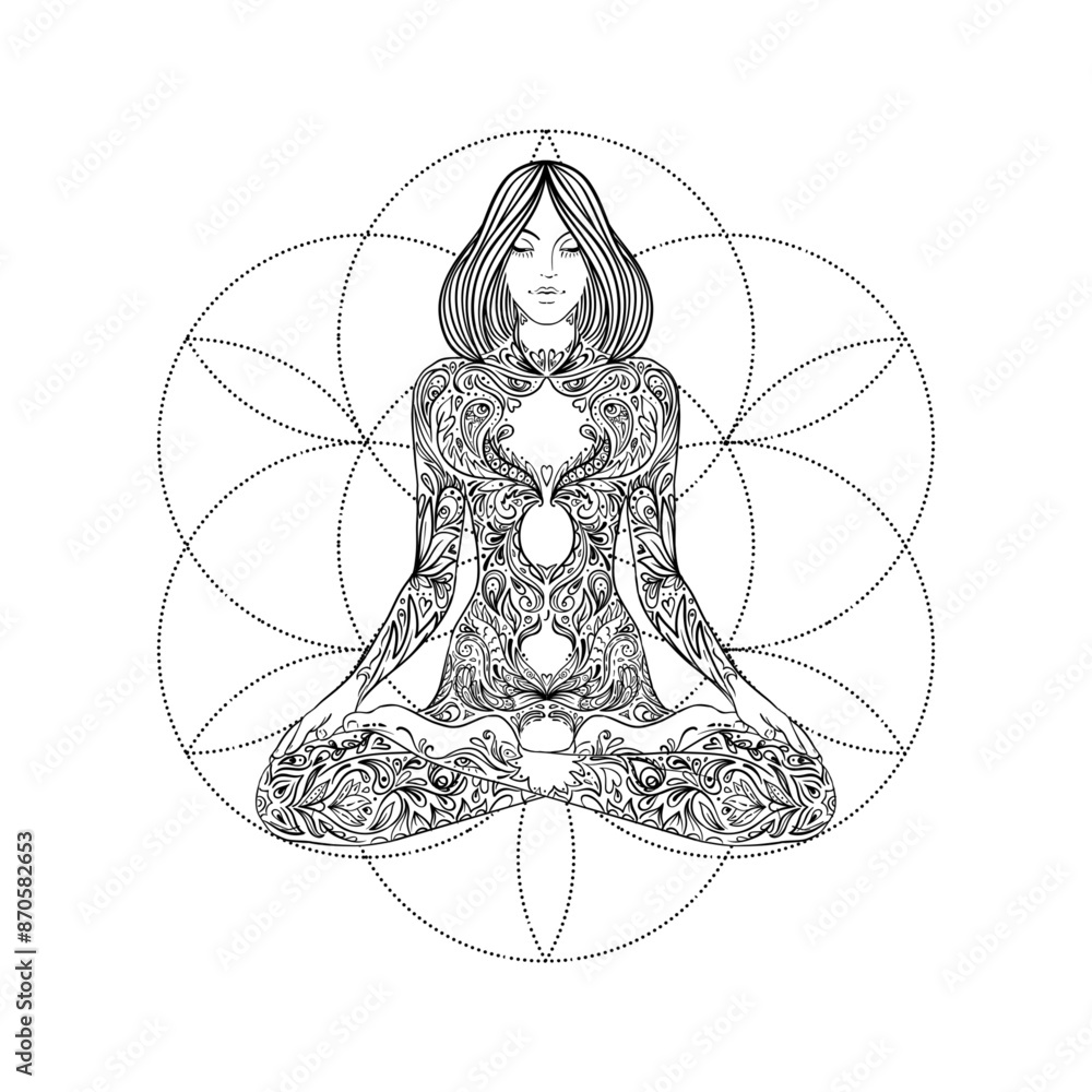 Woman sitting in Lotus position, tattoo design over Seed of Life sacred ...