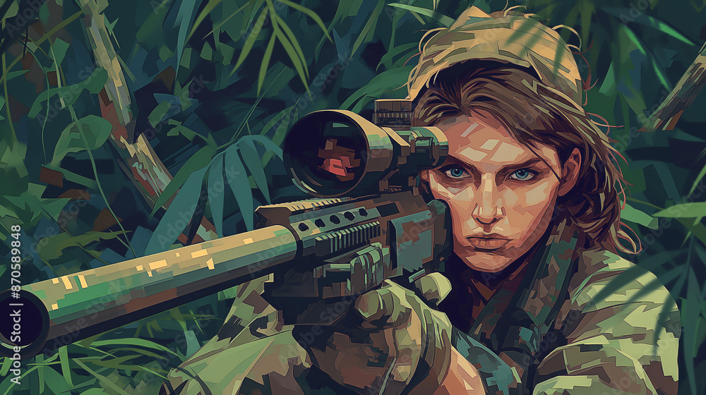 Soldier aiming with sniper rifle in jungle 8 bit pixel art illustration ...