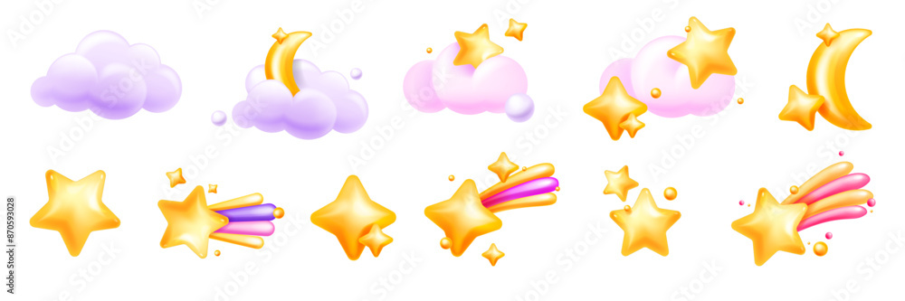 3D star sky icon set, vector cartoon clouds, falling sparkling shapes ...