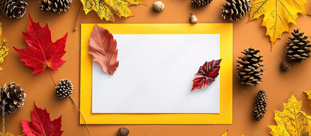 Fall-themed mockup featuring autumnal leaves in yellow and red, pine ...