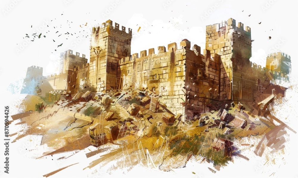 Destruction of Jericho. Crumbling medieval castle fort walls. Biblical ...