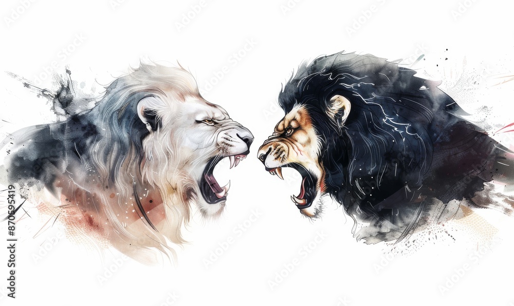 Duality versus concept art. Two lions facing each other in attack roar ...