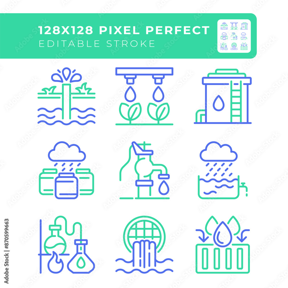 Water industry related two color line icons set. Water collection and ...