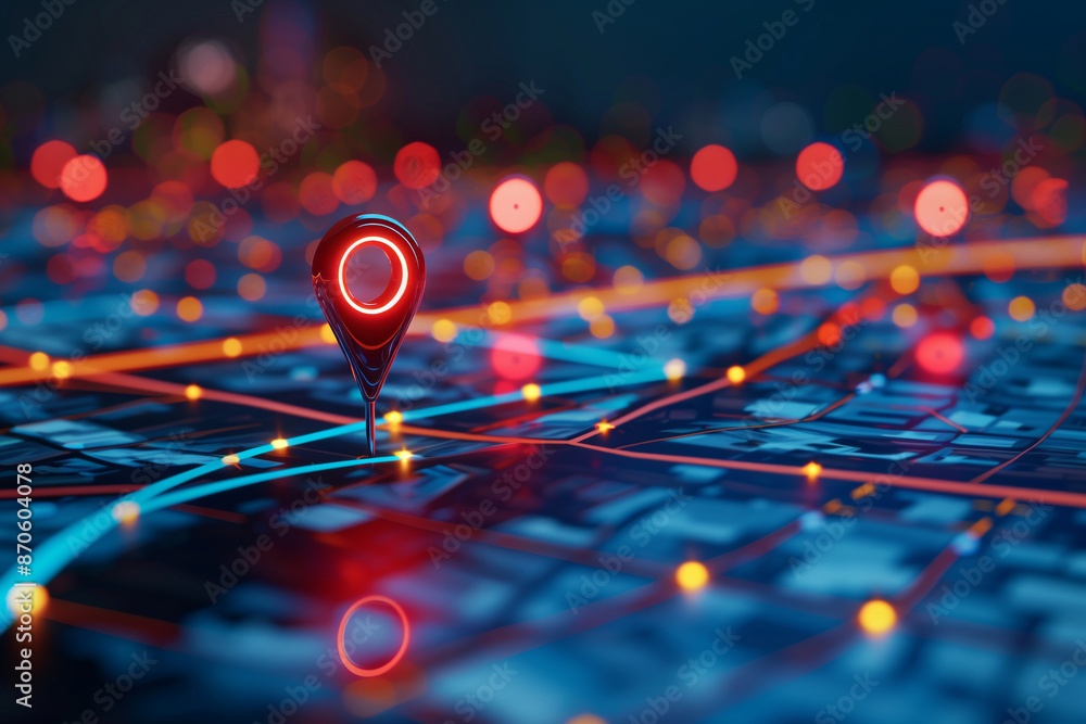 Red Location Pin on Digital Map With Glowing Lines Stock Illustration ...