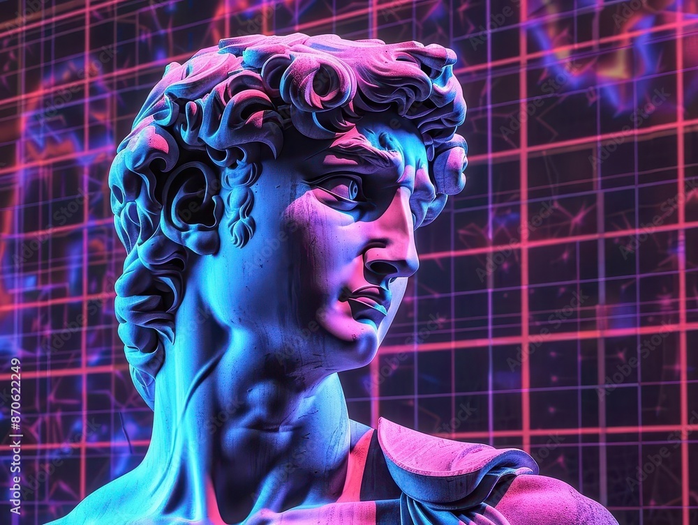 vaporwave reimagining of michelangelos david neonlit statue against ...