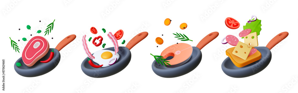 Frying pan 3d element. Fry meat fish eggs and toast. Cooking breakfast ...
