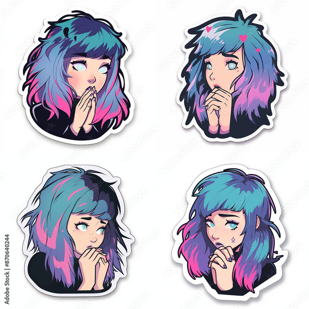 Dramatic emo anime girl with vivd pastel violet hair in different ...
