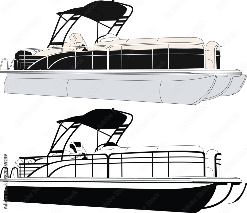 Pontoon boat vector, boat vector, motorboat vector, line art ...