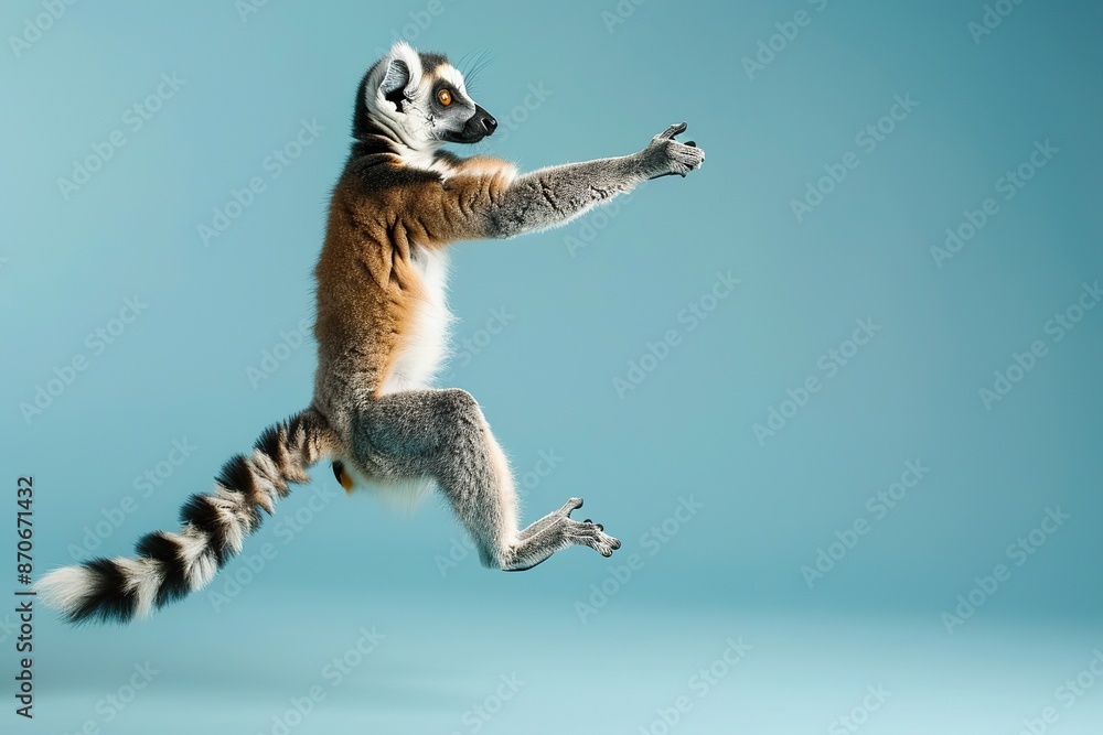 Active agile Lemur jumping high in the air on blue color studio ...