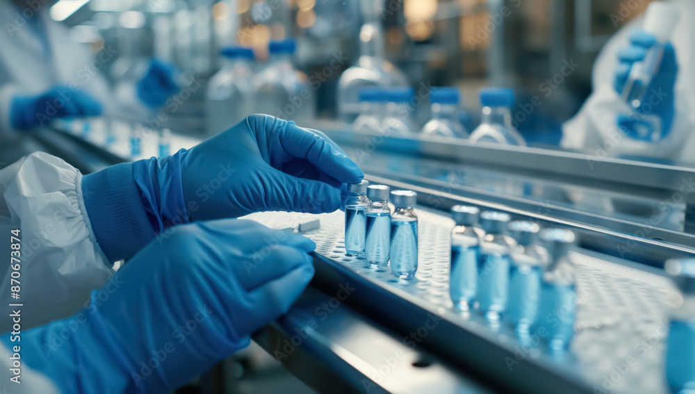 Pharmaceutical Production Line with Workers in Laboratory. Gloved hands ...