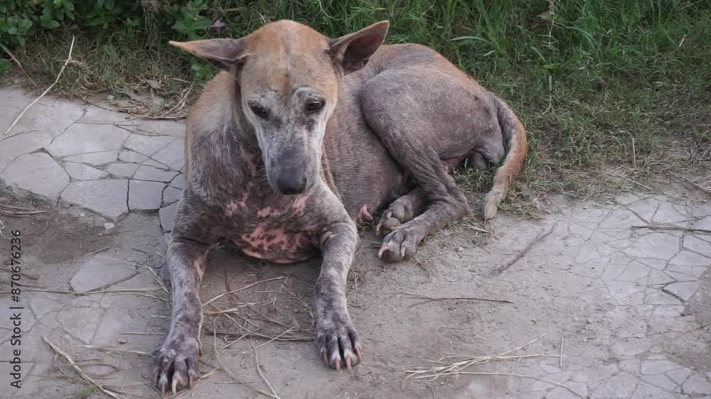 A stray dog suffering from an itchy skin infection, closeup shot of ...