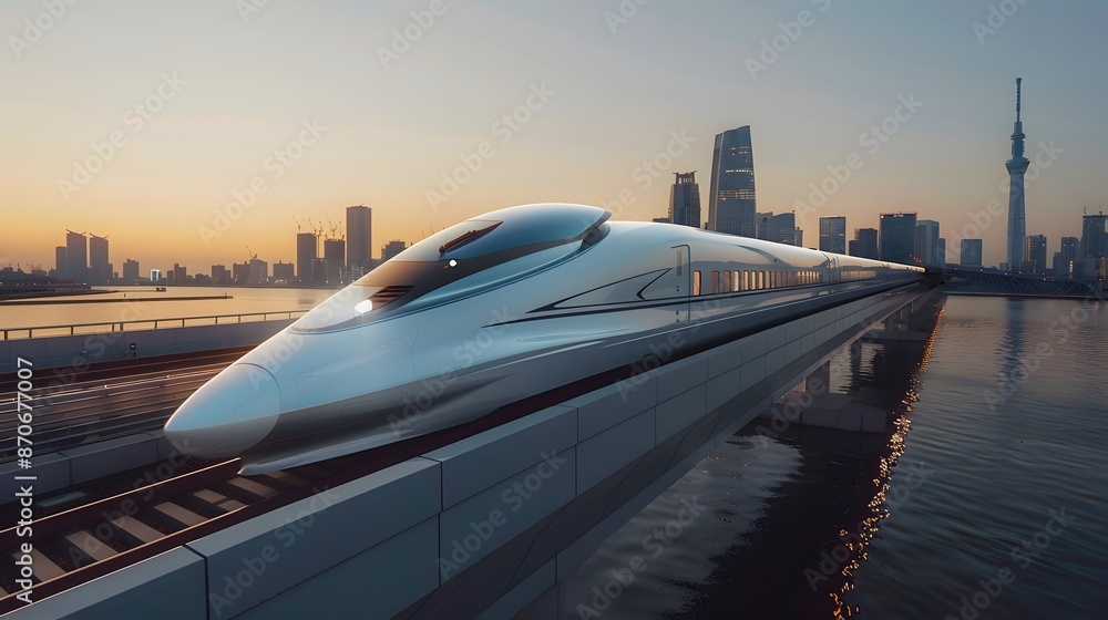 A high-speed train is driving on the bridge, with city buildings in ...