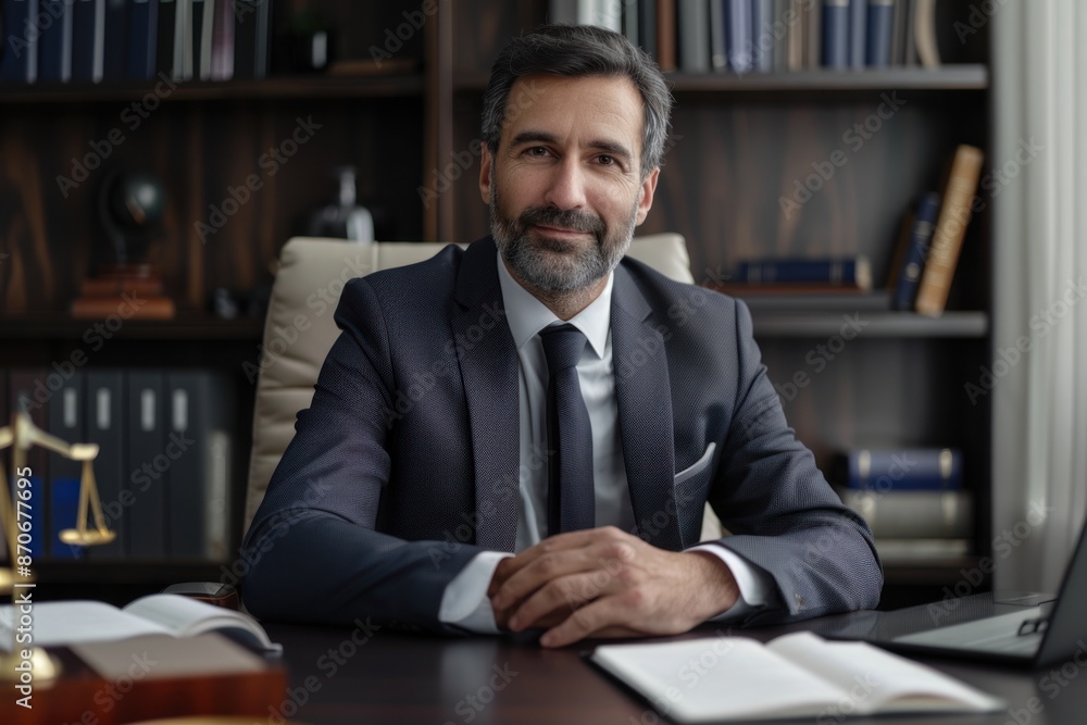Lawyer sitting at a desk, Portrait half-body, hyper-realistic, high ...