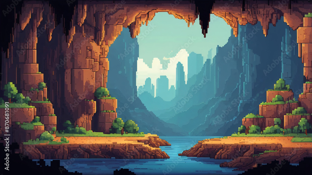 Pixel art game level design background, underground cave with ...