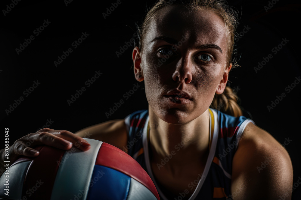 female volleyball player is shown holding a volleyball, with a serious ...