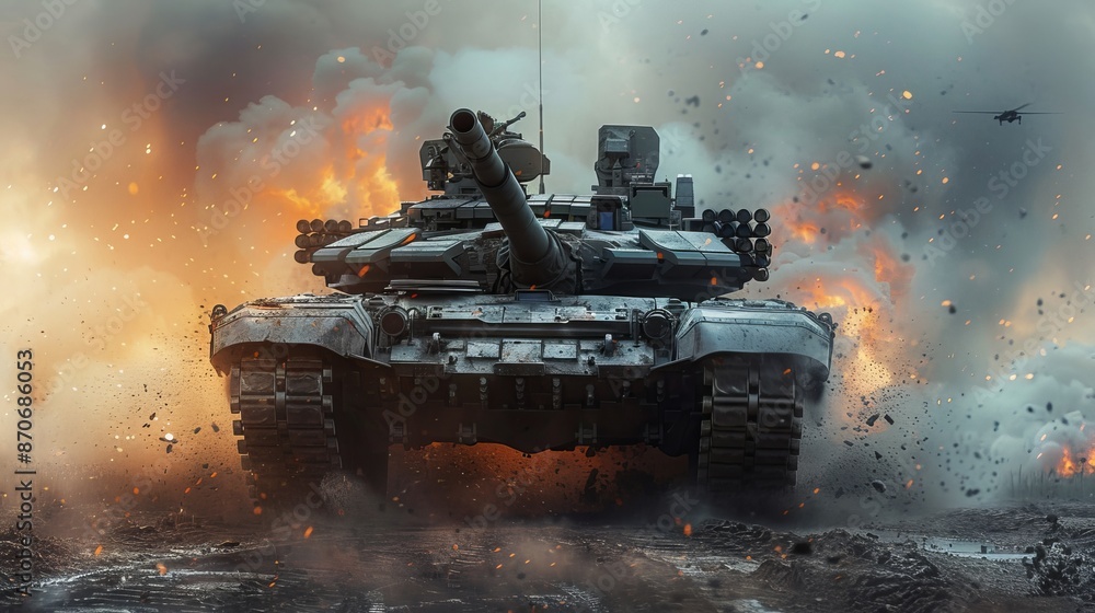 Modern battle tank in action amidst fiery explosion and smoke on ...