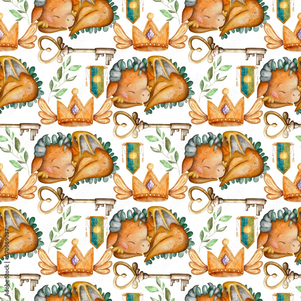 Seamless children's pattern about a medieval sleeping dragon, a golden ...