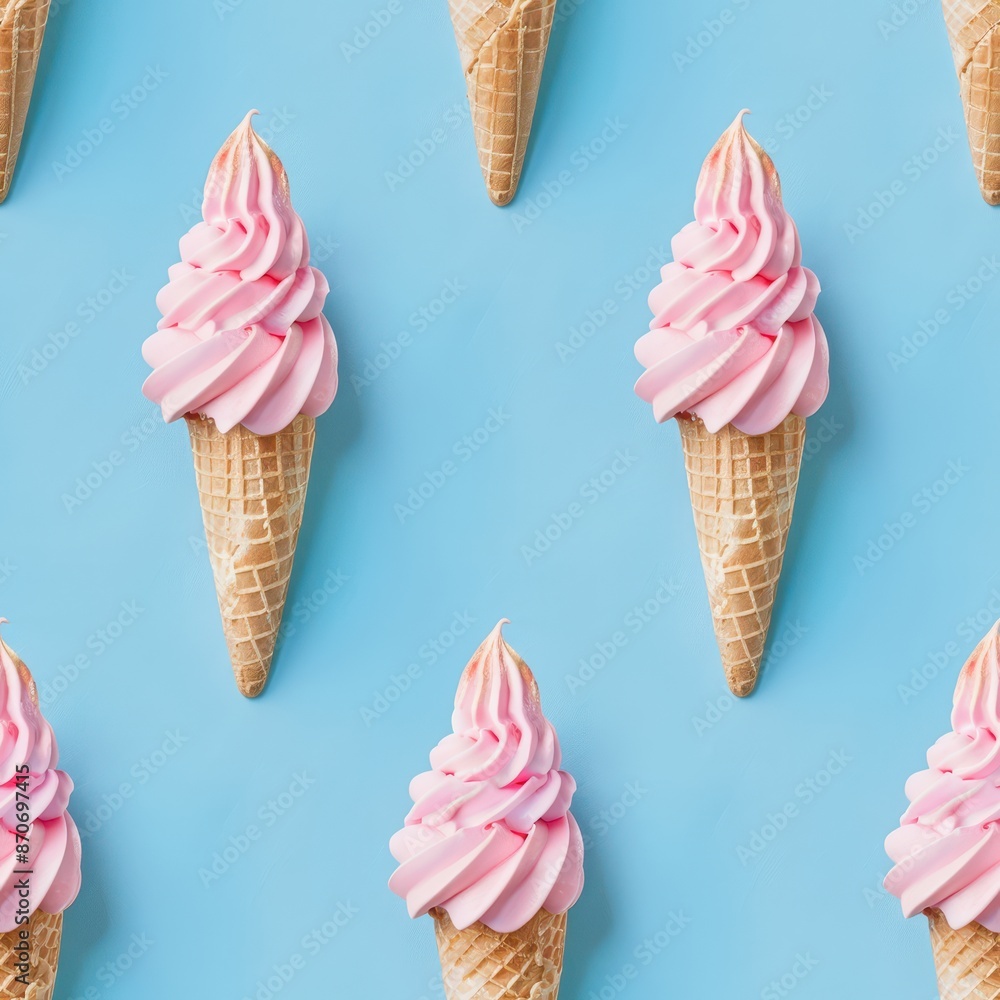 ice cream cone, shot from above, making a fun pattern on a light blue ...