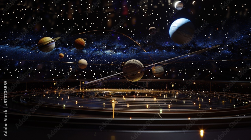 An educational planetarium scene showing the positions of planets in ...
