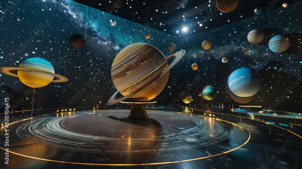 An educational depiction of the solar system's planets in a planetarium ...