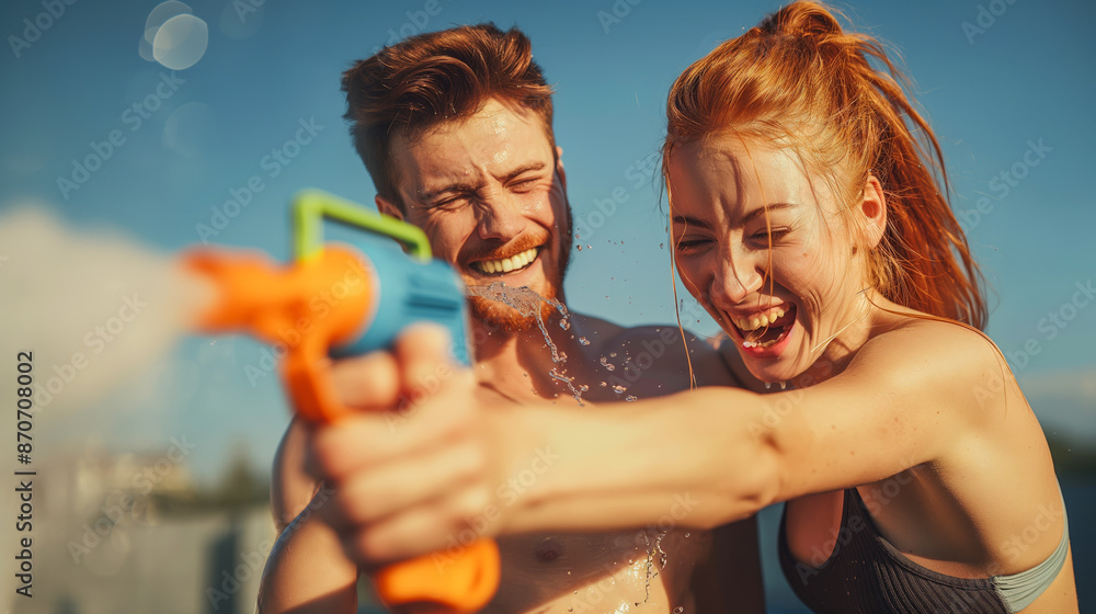Redhead woman spraying shirtless muscular man with water gun. Stock ...