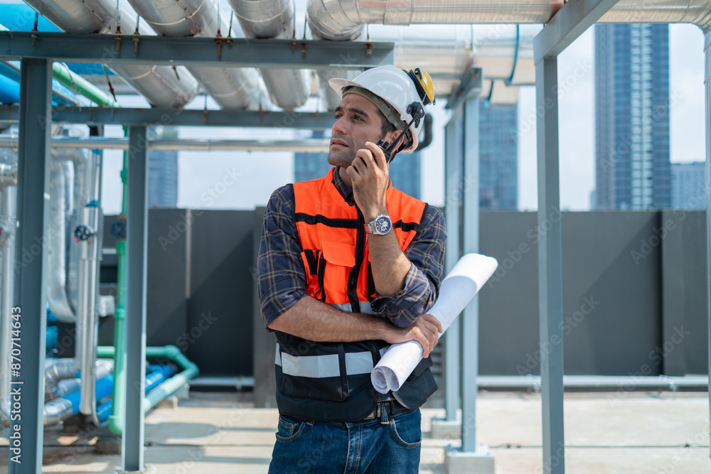 Engineer under checking the industry chilled water fan coil unit air ...