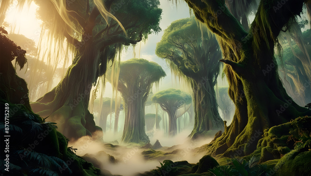 Lush verdant forests of Endor with towering trees creating a mystical ...
