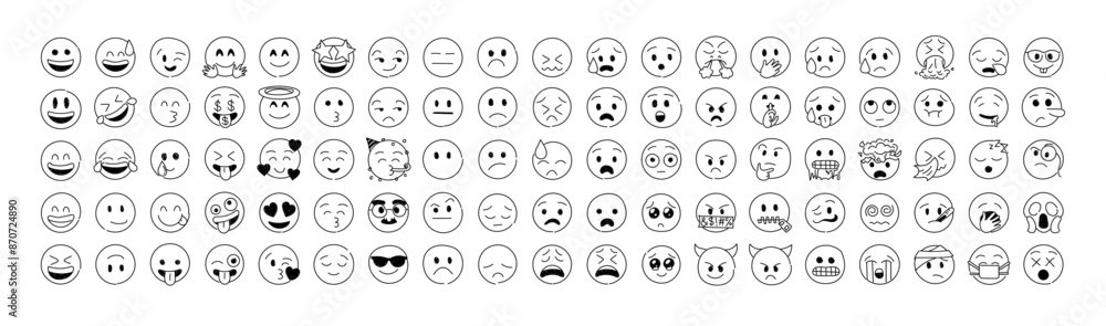 Doodle Emoji line icon big set. Emoji sketch style. Emoji with ...