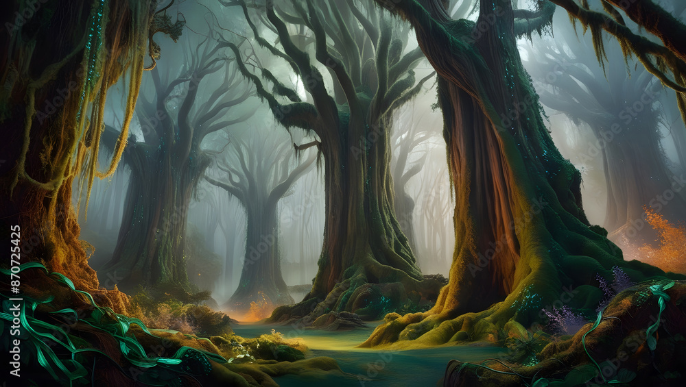 Lush verdant forests of Endor with towering trees creating a mystical ...