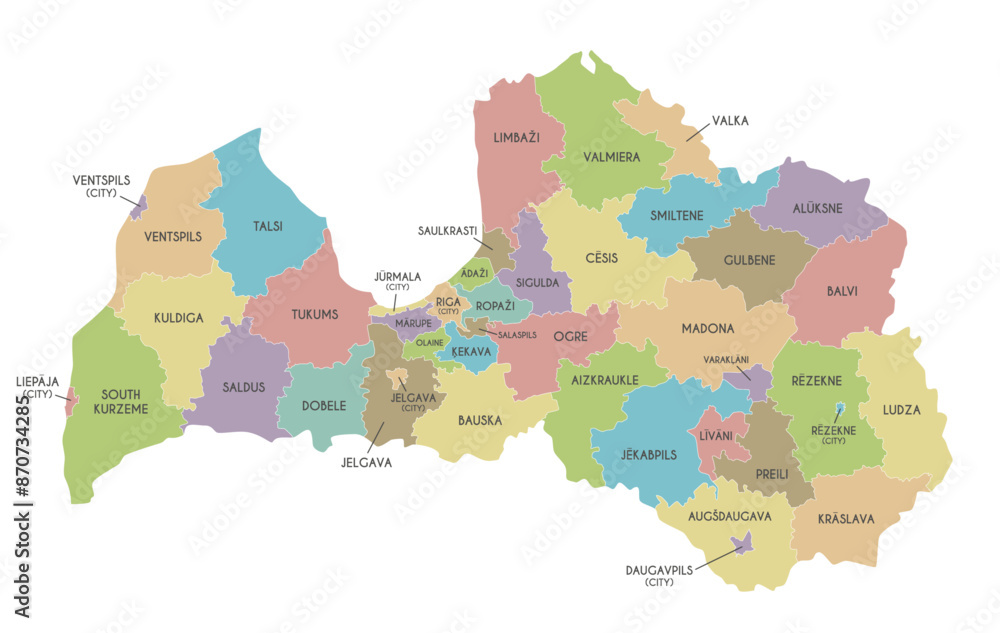 Vector regional map of Latvia with state cities and municipalities, and ...