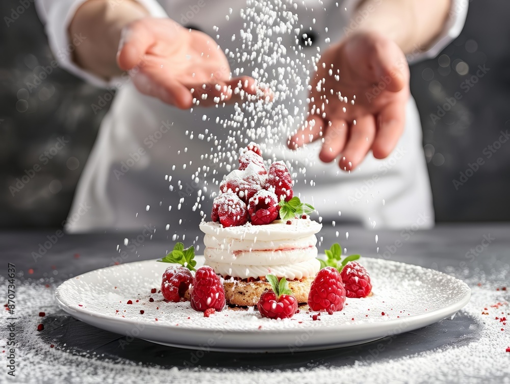 Chef crafting a delicate dessert with molecular elements, illustrating ...