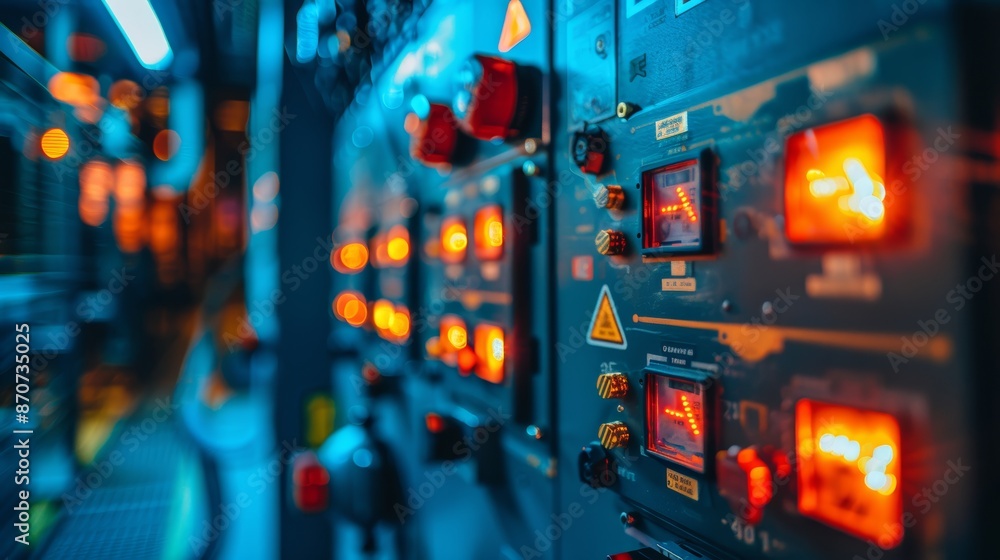 A detailed image of a high-voltage electrical switchgear panel, with ...