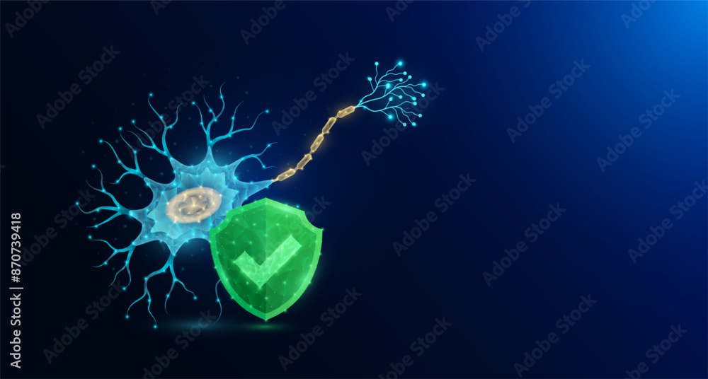 Nerve cell in style polygonal with check mark in green shield glowing ...