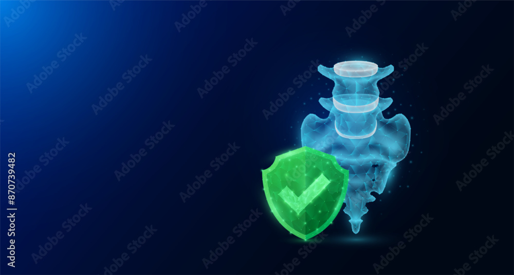 Sacrum bone human organ anatomy with check mark in green shield glowing ...