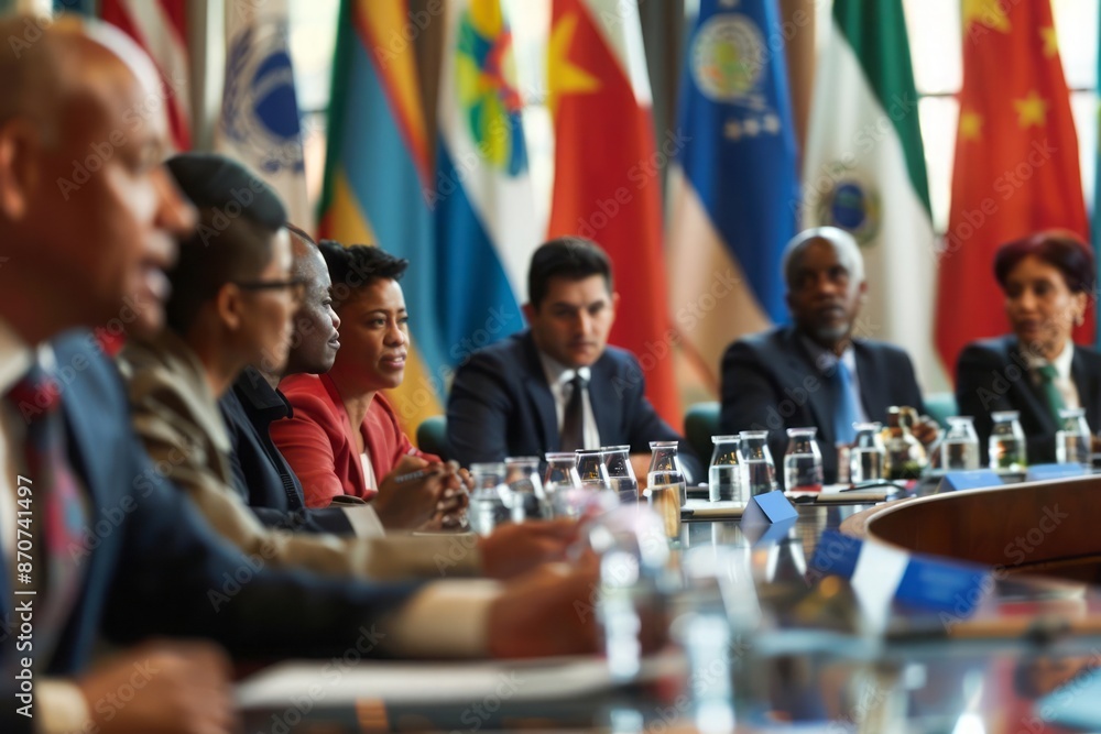 A United Nations assembly with diverse representatives from around the world engaged in a global ...