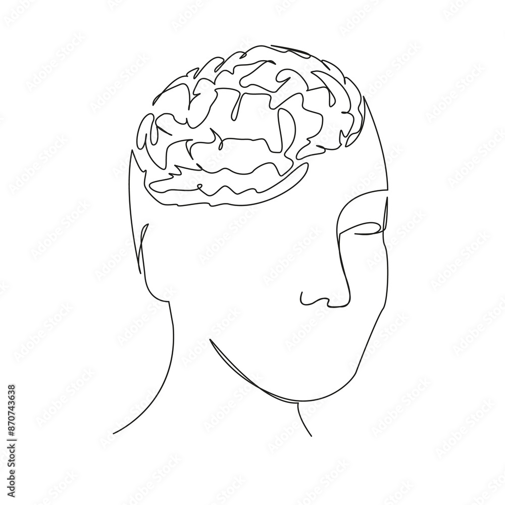 One continuous single drawing line art flat doodle head with brains ...