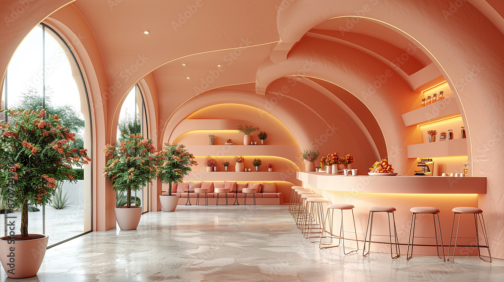 Modern bar interior with peach-colored color scheme and arched ceiling ...
