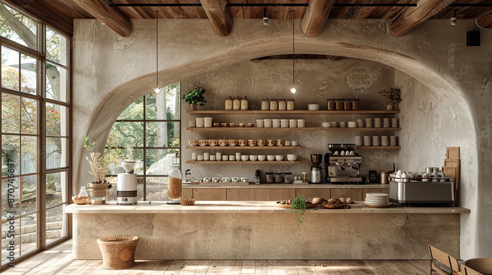Minimalist coffee bar design with brick walls, wooden beams, concrete ...
