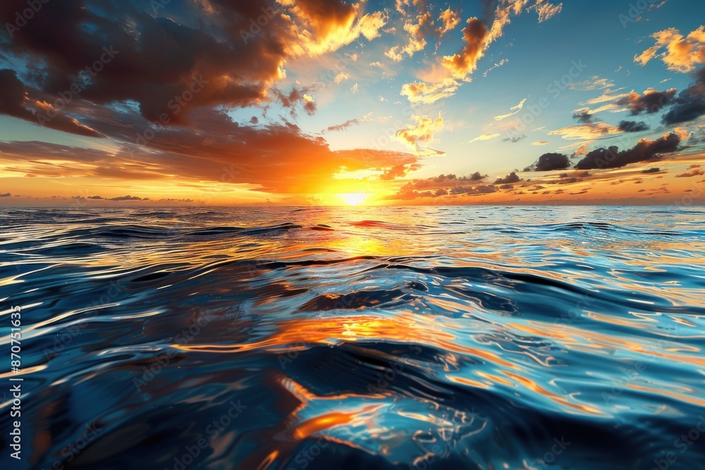 Oil painting of an ocean sea horizon sunset, early sunset, epic cumulus ...